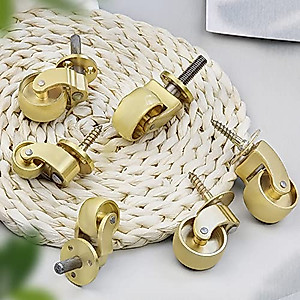 Caster Furniture，Rubbered Trolley Wheels， 4 Pcs Solid Brass Universal Castors 360°Swivel Furniture Casters Wheels for Furniture,Flower Stands,Small Bed,Chair,Cabinet,Antique Vintage,Screw Style Fittin