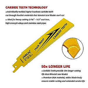 6-inch 8T Carbide Reciprocating Saw Blade, Heavy Duty for Cutting Thick Metal, High-Alloy Construction Steels, Cast Iron, Alloy Steel, Stainless Steels, Rebar and Car Beams, 3-Pack