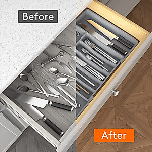 Lifewit Silverware Drawer Organizer, Expandable Utensil Tray for Kitchen, BPA Free Flatware and Cutlery Holder, Adjustable Plastic Storage for Spoons Forks Knives, Large, Grey