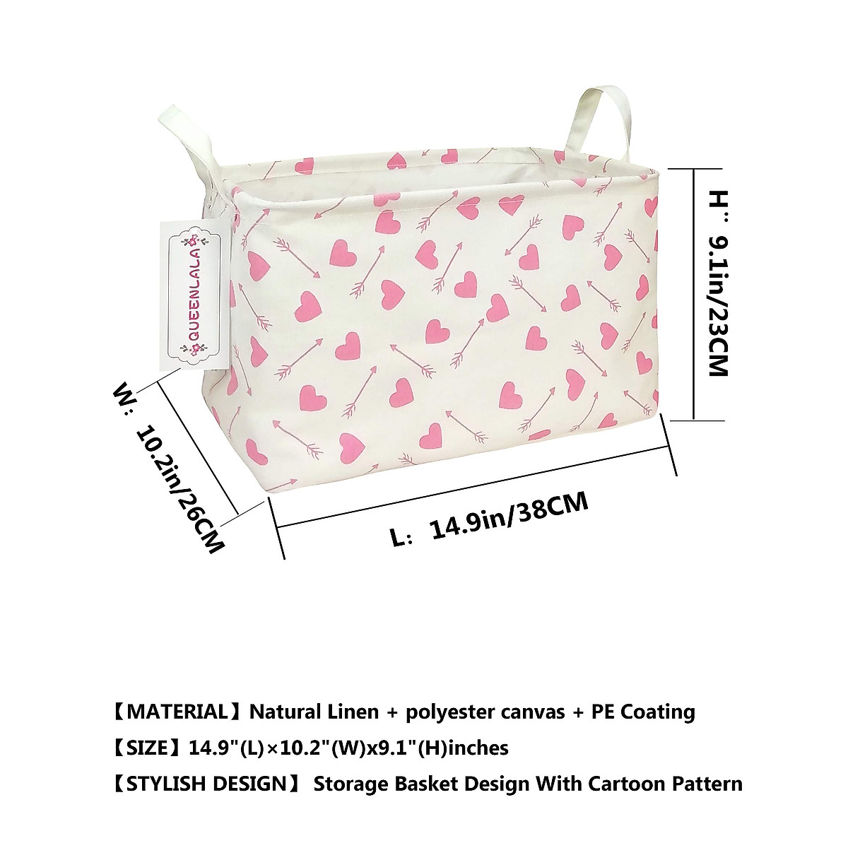 QUEENLALA Rectangular Laundry Hamper/Foldable Nursery Laundry Basket for Organizing/Storage Bin Baskets/Children Toy Office Bedroom/Toy Bin Closet Shelf Baskets（Rec-Pink-Heart Arrow）