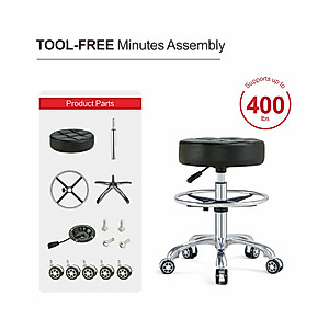 Kastele Height Adjustable Rolling Desk Stool Swivel Chair with Casters Heavy Duty for Salon, Spa, Massage,Tattoo,Esthetician,Shop,Kitchen (No Backrest with Casters, Black)
