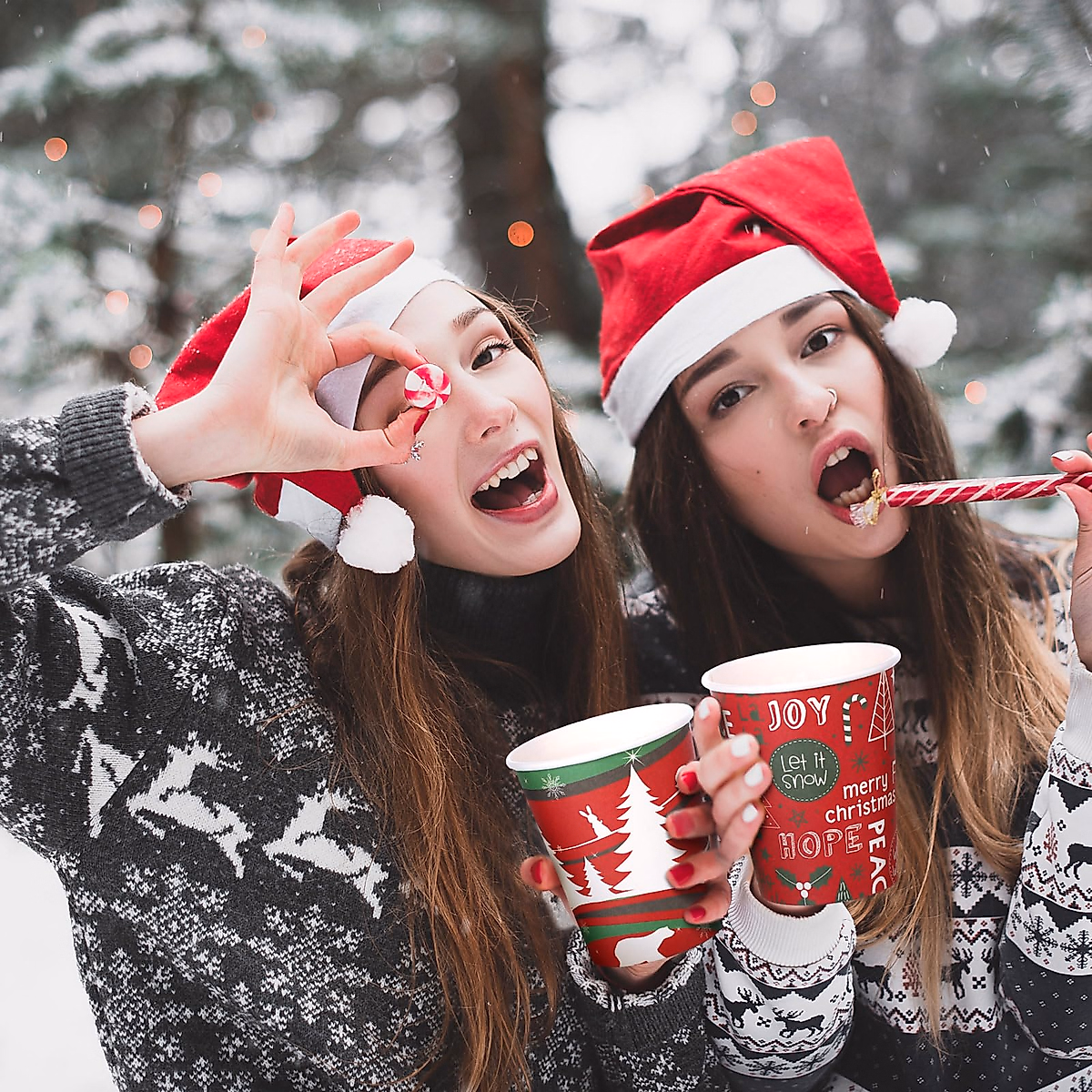 Jinei 200 Pcs 9 oz Christmas Paper Cups Christmas Disposable Coffee Cup Hot Chocolate Cocoa Cup For Xmas Christmas Party Supplies Tea Coffee Paper Cups for Party Holidays Hot Cold Drinks (Novel)