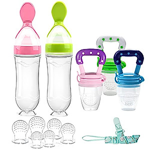 Food Feeder Baby Fruit Feeder Pacifier (3 Pcs) with 6 Different Sized Silicone Pacifiers 2 PCS Silicone Baby Food Dispensing Spoon 90ML with 2 Baby Spoons Pacifier Clip Infant Fruit Teething Toy-Pink