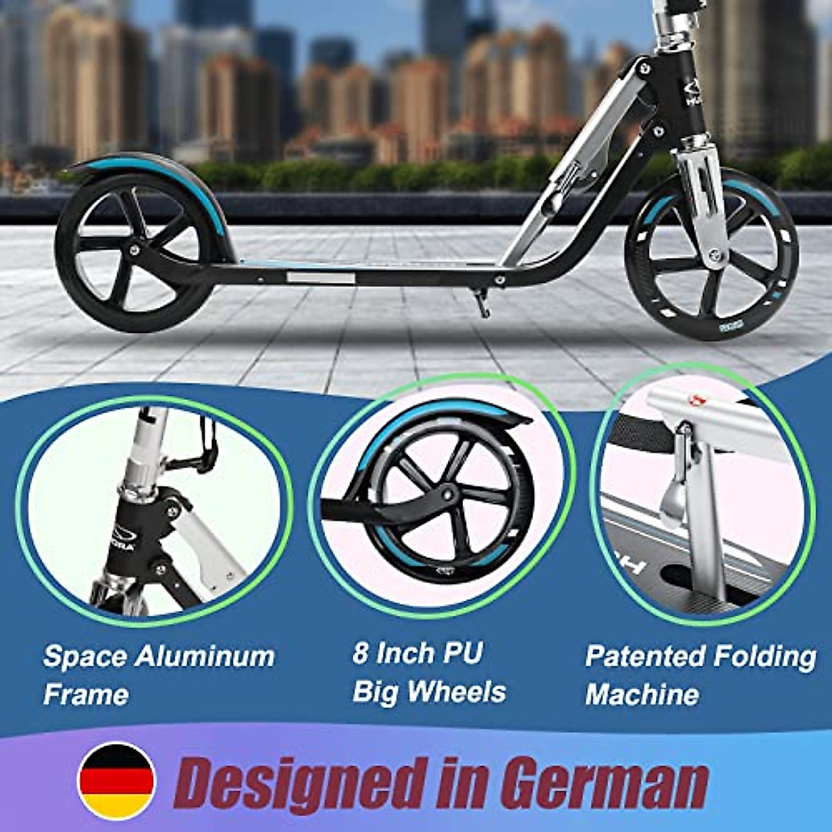 HUDORA Scooter for Kids Ages 6-12 - Scooter for Kids 8 Years and Up, Scooters for Teens 12 Years and Up, Adult Scooter with Big Wheels, Lightweight Durable All-Aluminum Frame Scooter