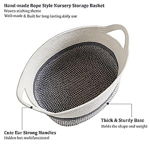 JIA QAQ Square Cotton Rope Samll Baskets With Handles for Nursery, Toys, Household, Handcrafted Woven Gift Baskets for Storage and Organization,13.5x11x9.5inch (white-grey)