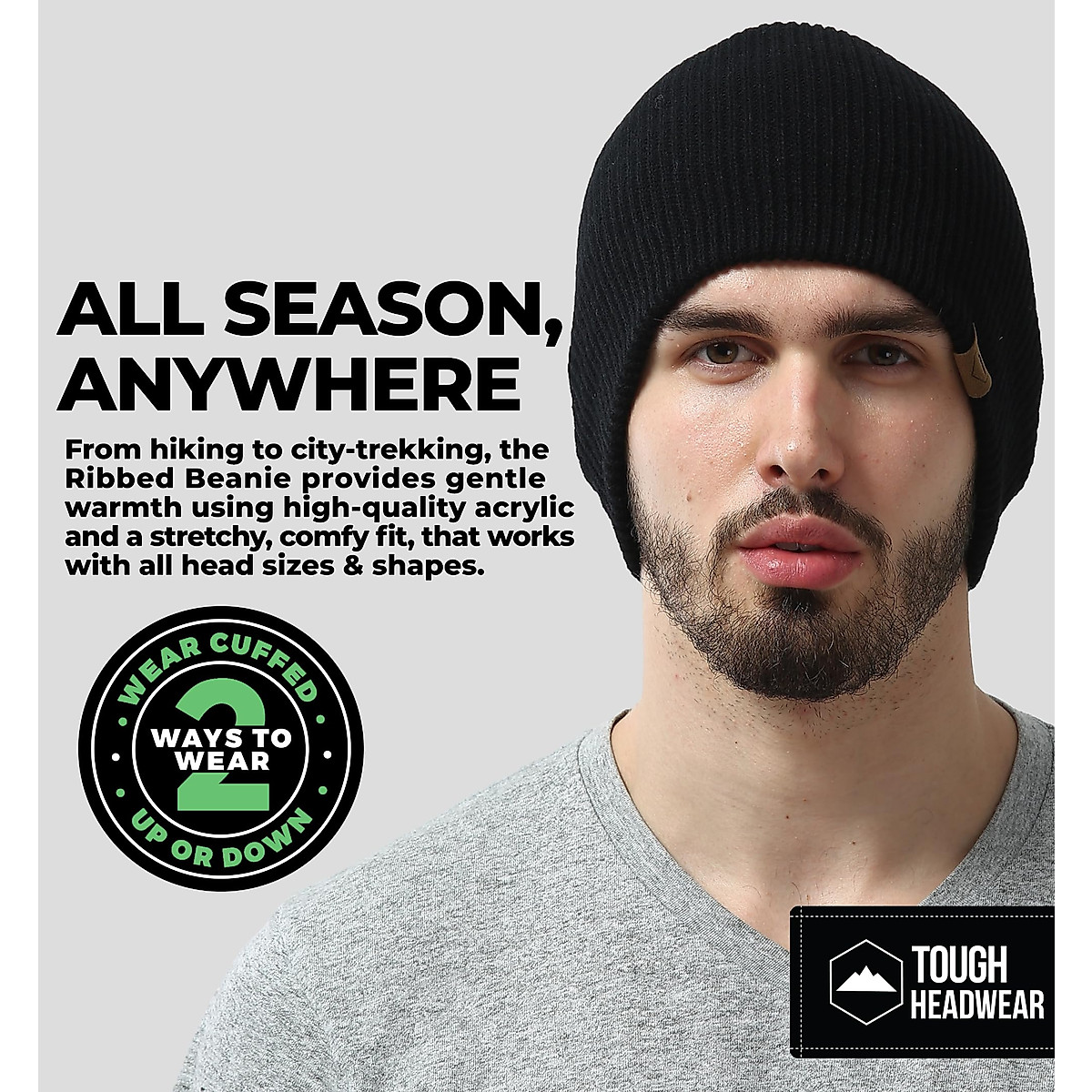 Tough Headwear Beanies for Men & Women - Knit Beanie, Warm & Soft Ribbed Beanie, Daily Knit Hat, Women & Mens Toboggan Hat for Cold Weather Black