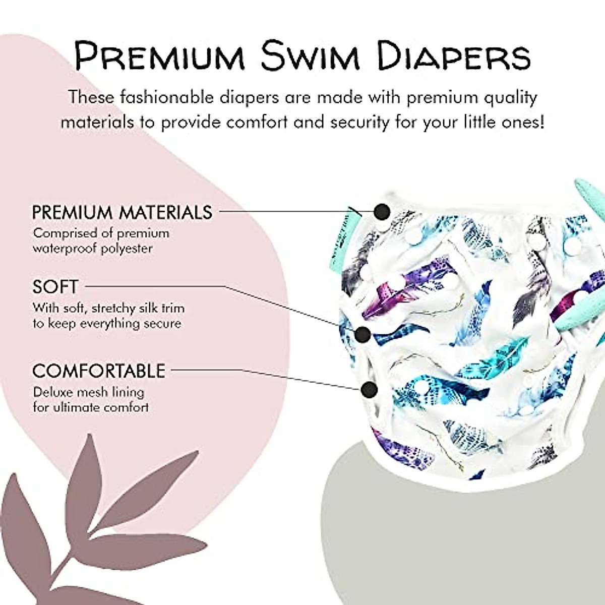 Reusable Swim Diaper and Top for Babies, Infants & Toddlers - Adjustable Girls Swimming Diaper 0-2 Years, Eco-Friendly Washable with Snaps – Tribal Feather – 1 Set by Will & Fox