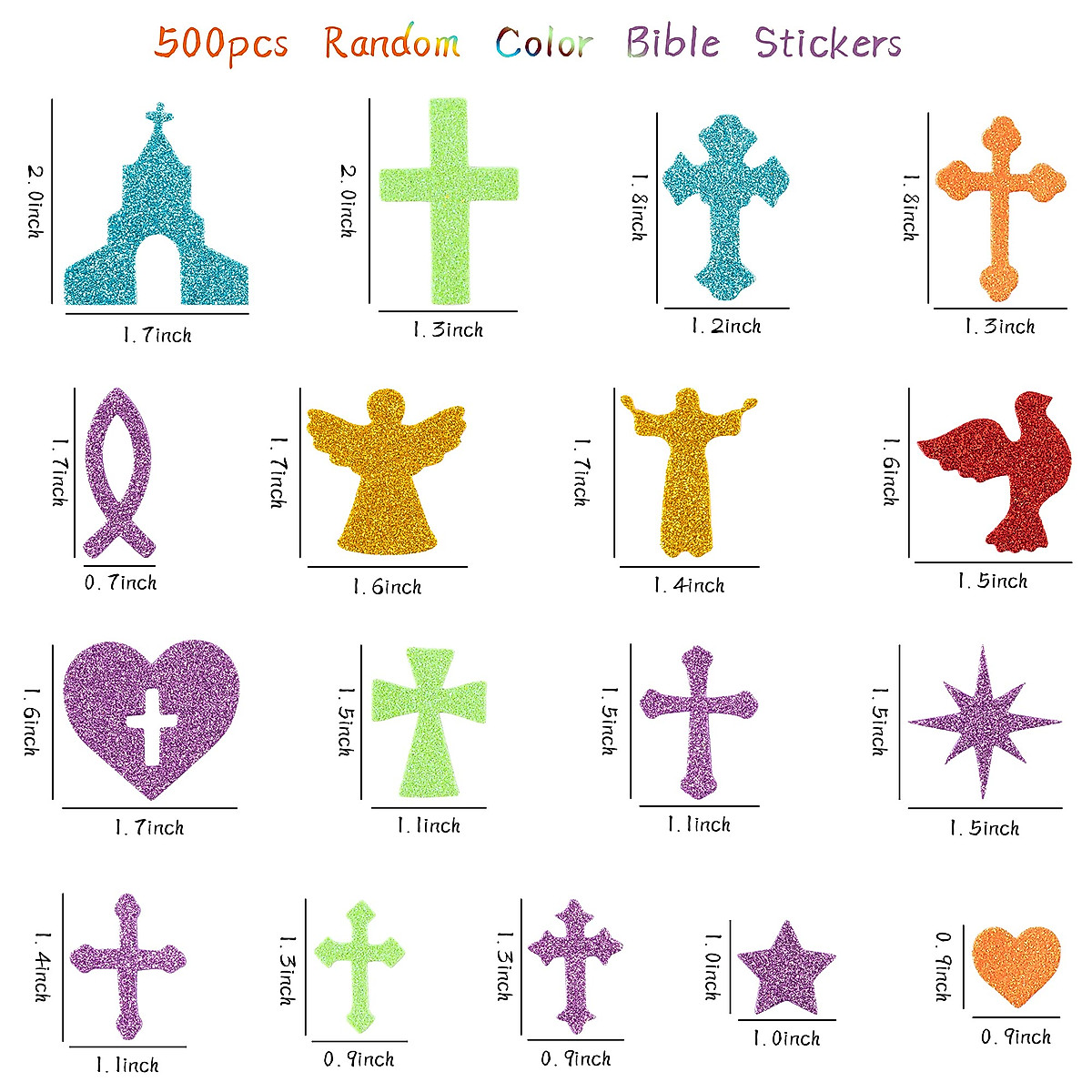 MALLMALL6 500pcs Christian Glitter Stickers Foam Self-Adhesive Bible Multi-Colour Art Craft Project Assorted Glittery Sticky Embellishments for Kids School Classroom Activity Home Party Decoration