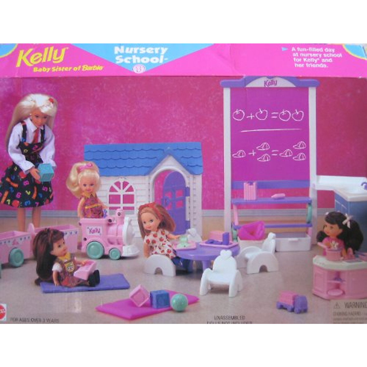 Barbie KELLY Nursery School Playset w Blackboard, Sink Unit, Train & MORE! (1996 Arcotoys, Mattel)