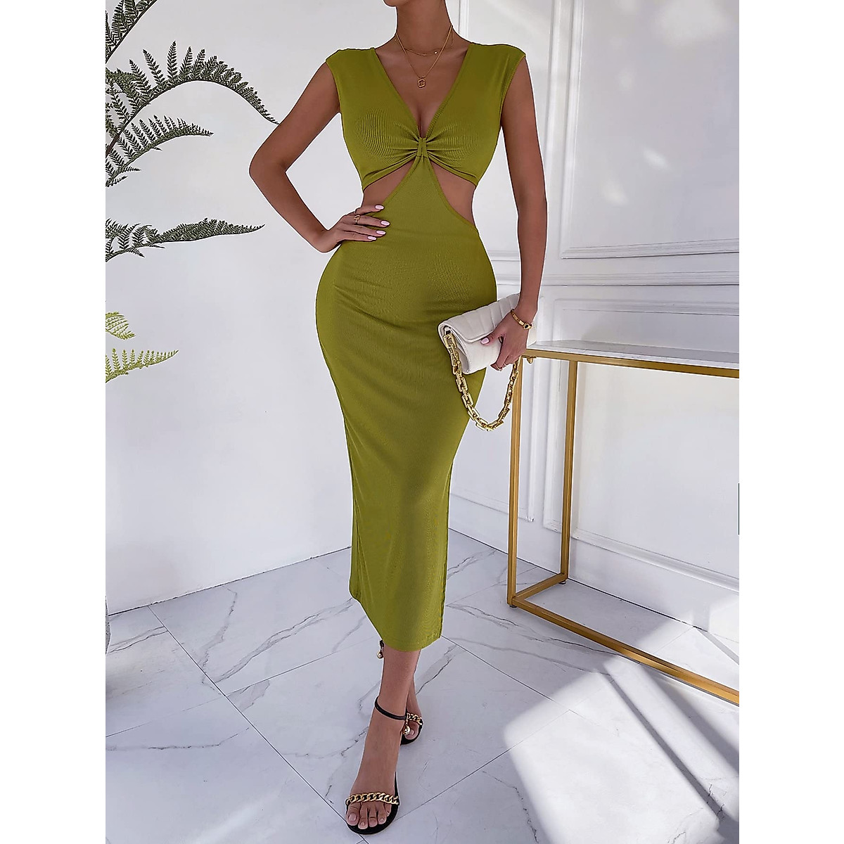SOLY HUX Women's Sleeveless Deep V Neck Twist Front Cut Out Split Hem Bodycon Dress Olive Green M