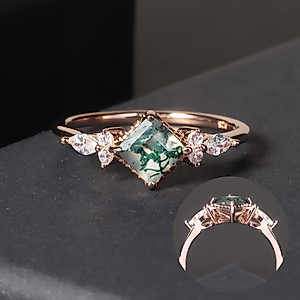 Gem's Beauty Birthday Gifts for Her 0.63CT Square Shape Natural Moss Agate There Stone Engagement Ring in 925 Sterling Silver Women's Gold Ring(Size7)