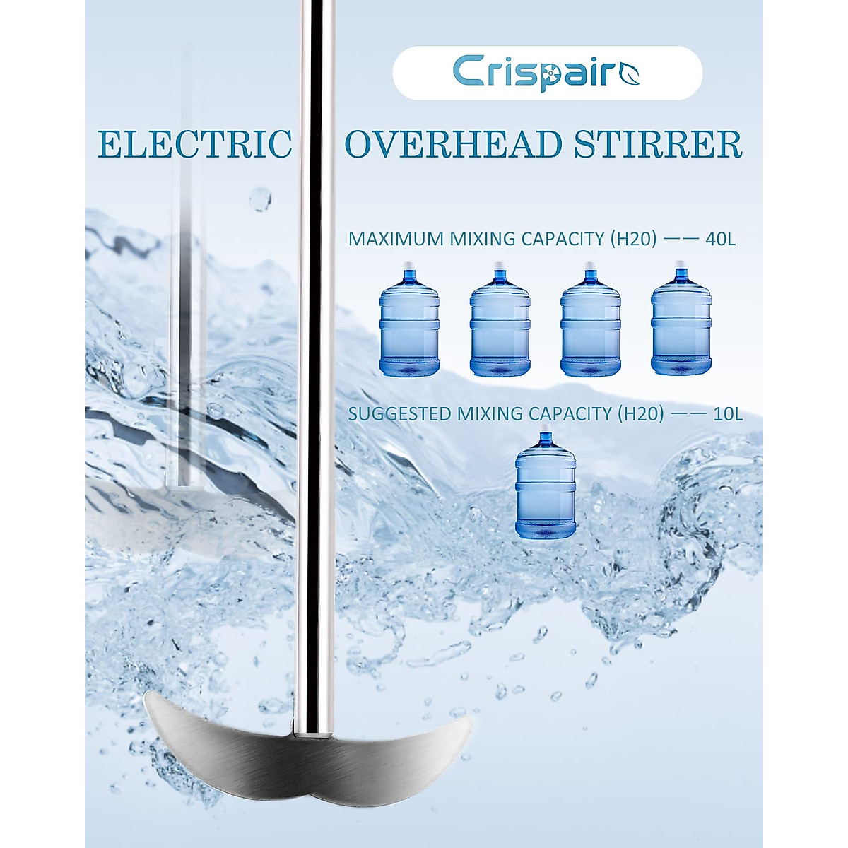 Crispaire Electric Overhead Stirrer Max.40L LCD Digital Lab Mixer 10000mPa.s Time and Speed Adjustable Stirring Rod Included 100-2000RPM 120W