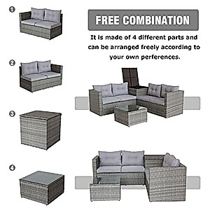 GODAFA 4-Piece Outdoor Patio Furniture Set-All-Weather PE Rattan Sectional Sofa with Storage Box-Perfect for Backyard, Porch, and Poolside, 1, Gray