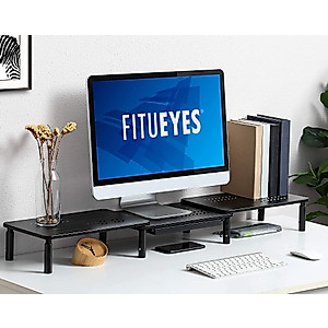 FITUEYES 3 Shelf Monitor Stand with Drawer - Adjustable Computer Monitor Riser, Metal Desktop Stand with Vented, PC Cellphone Cable Management, Office Organization, Black, DT115903MB