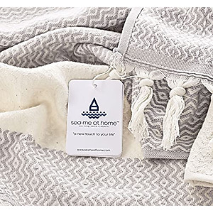 sea me at home 2 Pack Decorative Turkish Hand Towels for Bathroom with Bohemian Design (Set of 2), 100% Turkish Cotton Farmhouse Boho Kitchen Towel Set, 16 x 36 Inches (Light Gray)