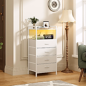 Kitstorack Night Stand with Charger Station and LED Light White Nightstand with Drawers Bedside Table Tall Nightstand 4 Fabric Drawers