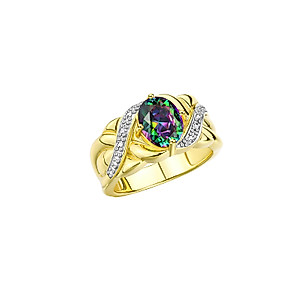 Rylos Rings for Women 14K Gold Plated Silver Ring Classic 9X7MM Oval Gemstone & Diamonds June Alexandrite Jewelry Size 7