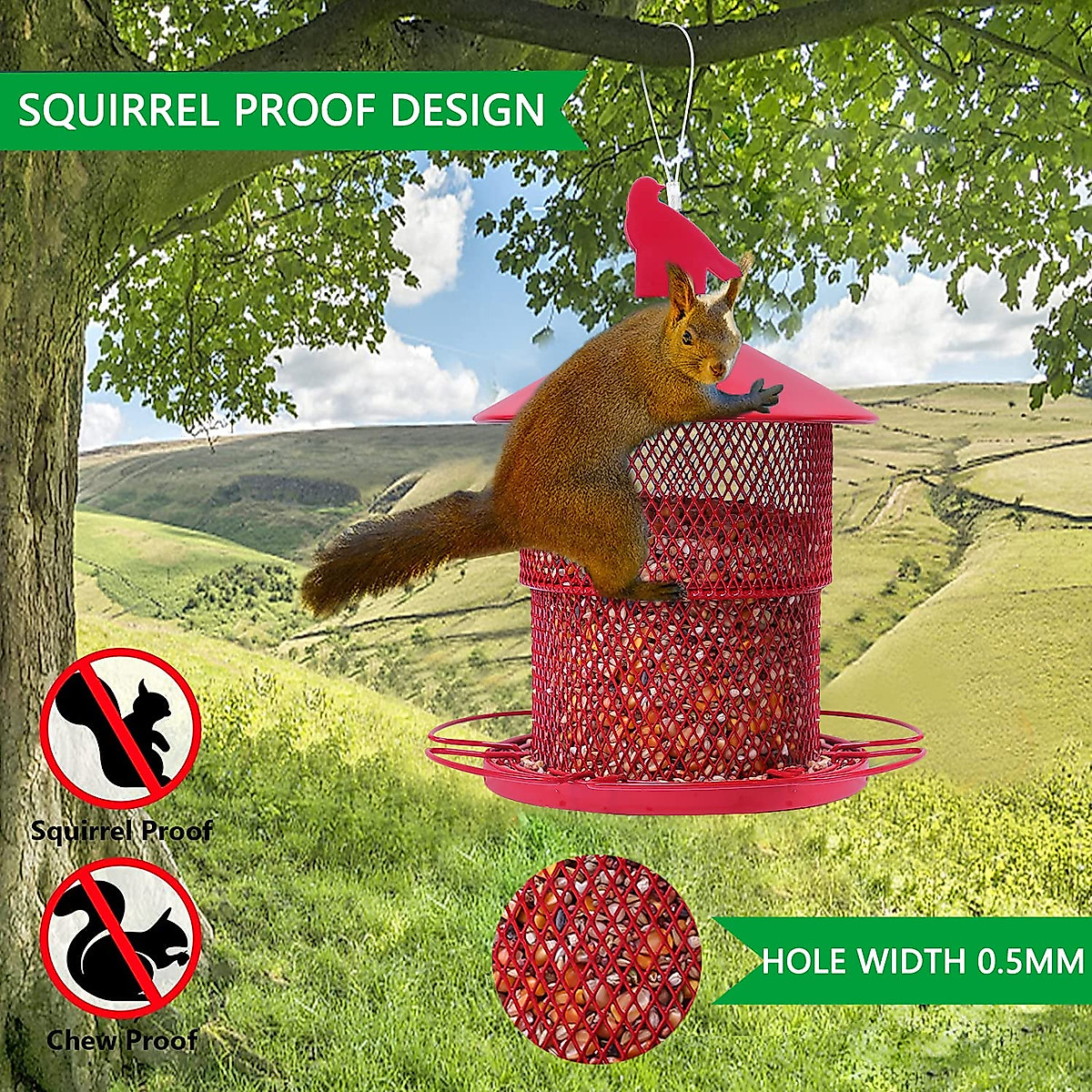 Metal Wild Bird Feeders Clearance,Outside Squirrel Proof Bird Feeder, 7.4LB Hanging Large Capacity Heavy Duty Water Resistance Outdoor Birdfeeders for Garden Yard-Red