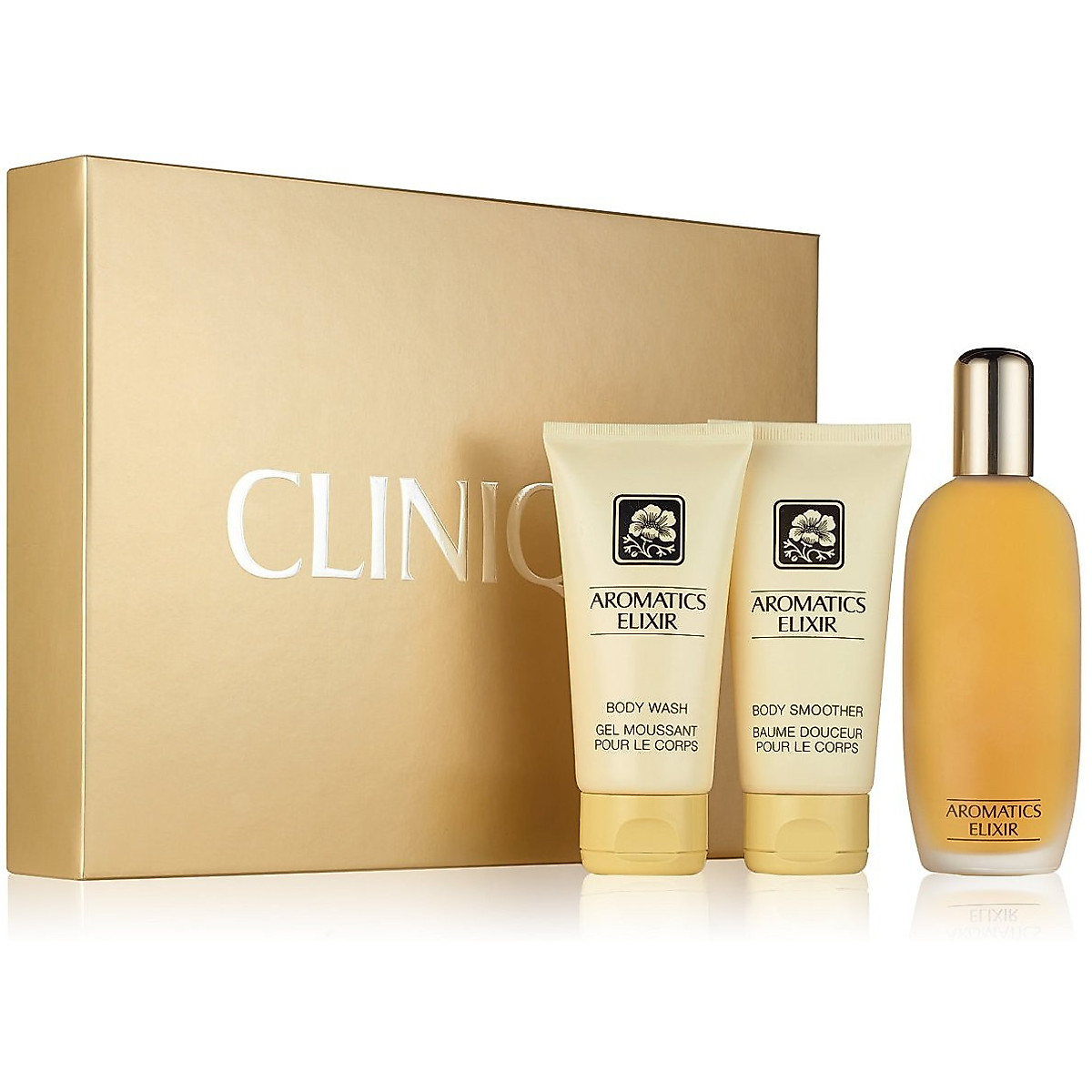 Clinique Aromatics Elixir 3pc Holiday Set (3.4 Ounce Perfume Spray, 2.5 Ounce Body Smoother, 2.5 Ounce Body Wash)