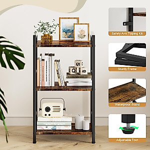 Jsluiiys 3 Tier Bookshelf, Small Bookcase with 3 Open Shelves, Short Metal and Wood Book Shelf Bedside Shelf for Home Organizer, Freestanding Shelf for Living Room Bedroom Dorm, Rustic Brown