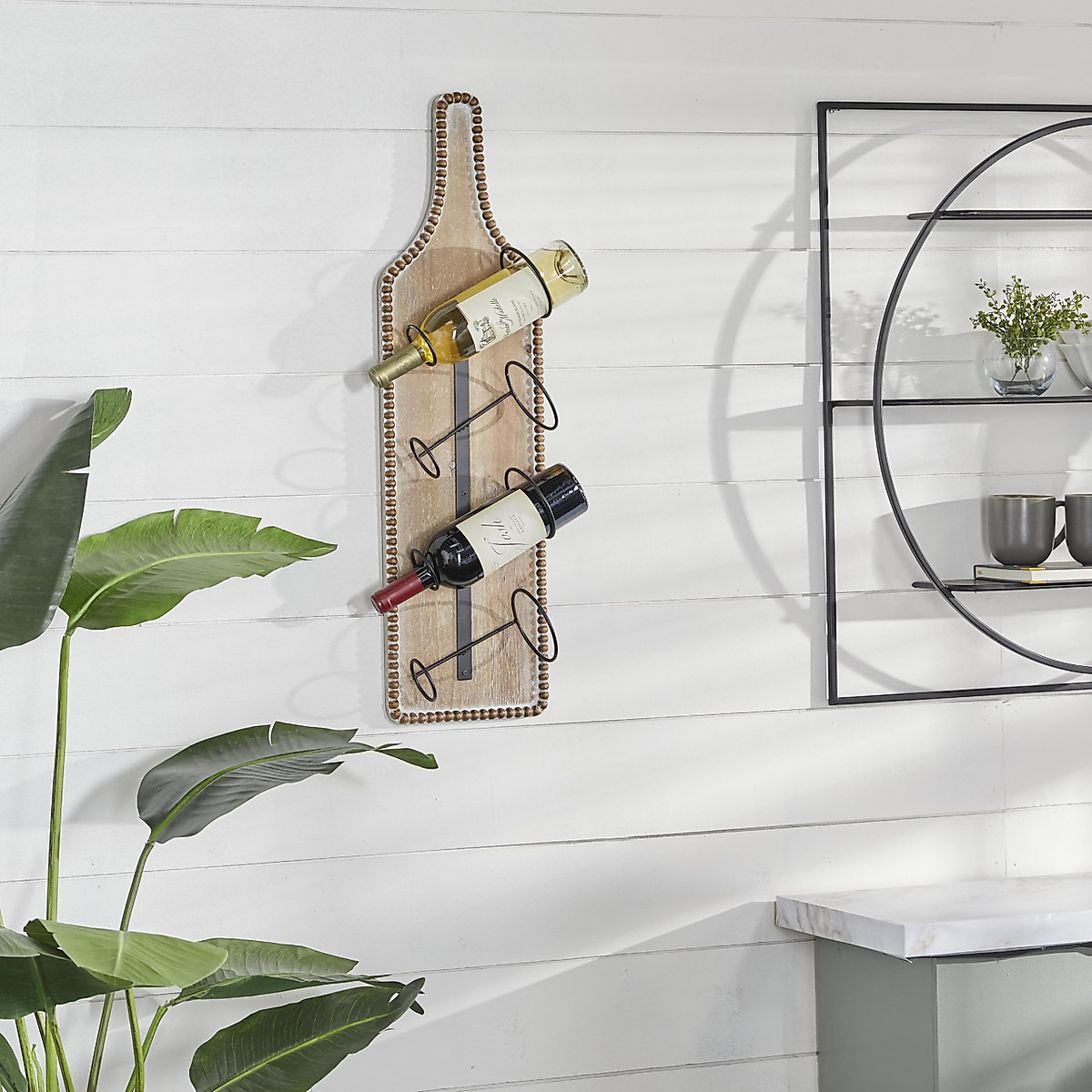 Deco 79 Wood Bottle Shaped 4 Bottle Wall Wine Rack with Beaded Frame, 9" x 5" x 32", Brown