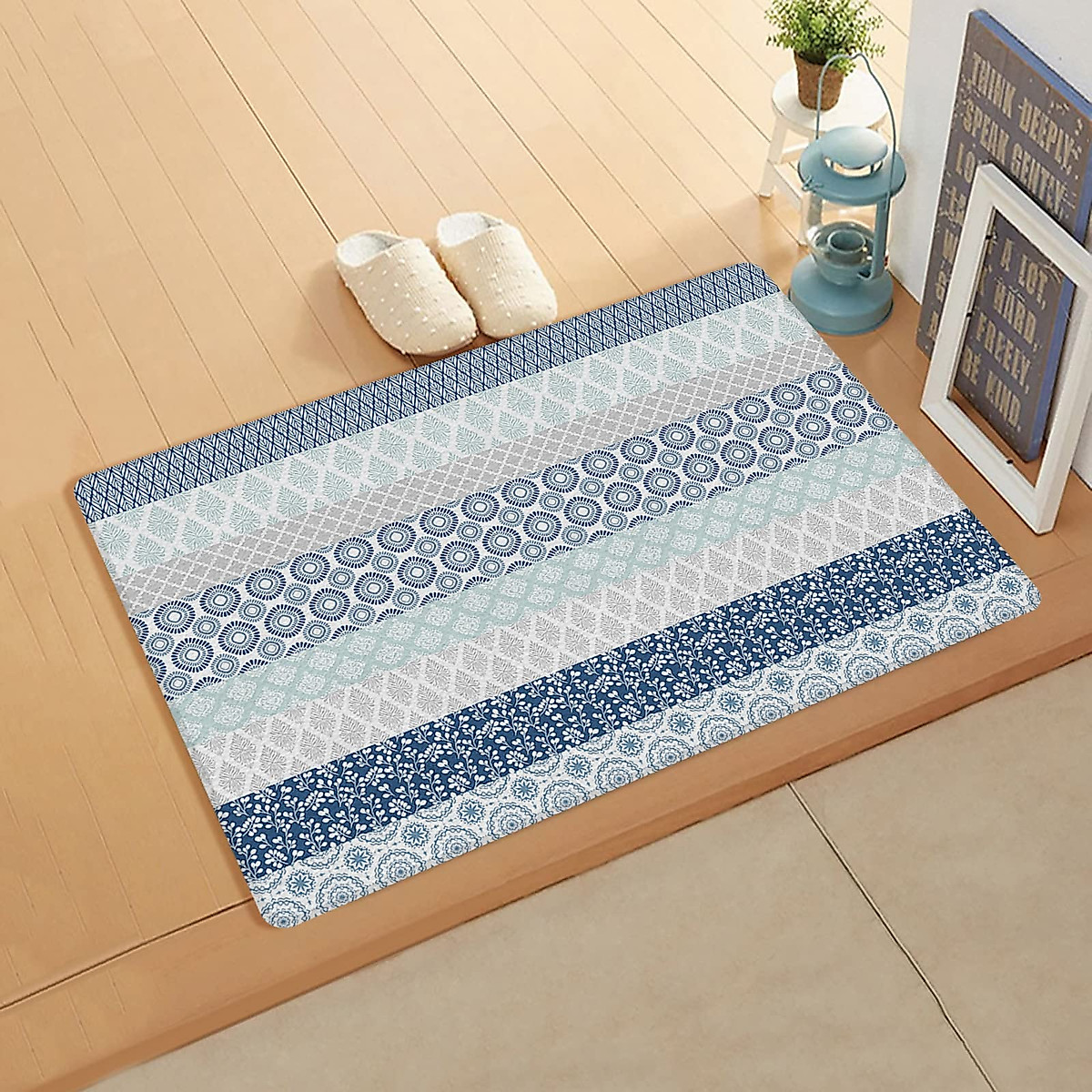 Bohemia Antifatigue Kitchen Bath Door Mat Cushioned Runner Rug,Washable Welcome Floor Sink Mat,Waterproof Comfort Standing Doormat for Kitchen,Blue Grey Boho Tribal Paisley Flower Plaid 24"x36"