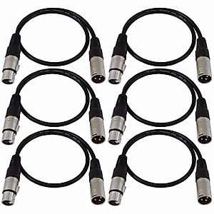 GLS Audio 2ft Patch Cable Cords - XLR Male to XLR Female Black Cables - 2' Balanced Snake Cord - 6 PACK