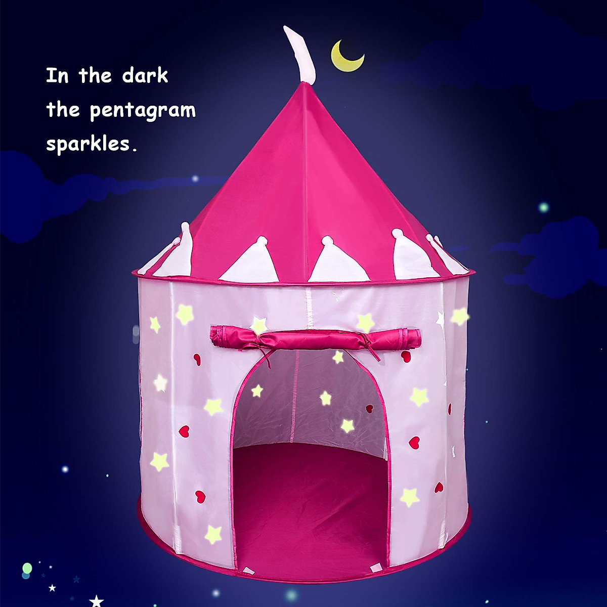 Princess Castle Play Tent with Glow in The Dark Stars Foldable Pop Up Pink Play Tent/House Toy for Indoor Kids Tent & Outdoor Children Tent Girls Gifts