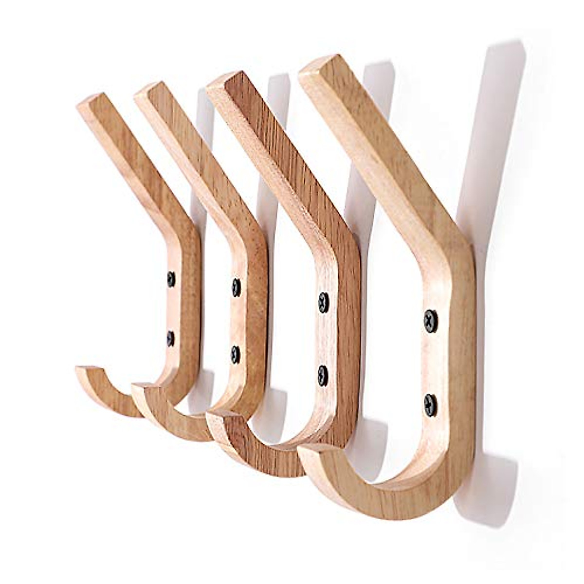 Pack of 4 Wooden Wall Hooks, Decorative Natural Wood Coat Hanger, Mounted Towel Rack for Hanging Jacket, Bags, Backpacks, Mugs, Keys, Fishhook-Shaped Hat Organizers for Entryway, Living Room (Natural)