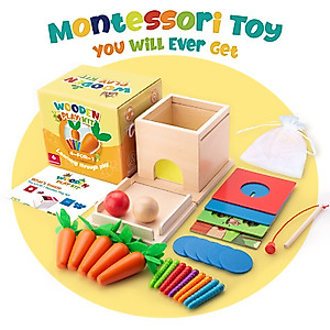 BRYSETEN 4-for-1 Montessori Toys for 1-2 Year Old Early Learning Toy for Baby 12-18 Months Object Permanence Box Christmas Birthday Gifts for Kids Sensory Education Wooden Toy for 1-3 Year Old Kids