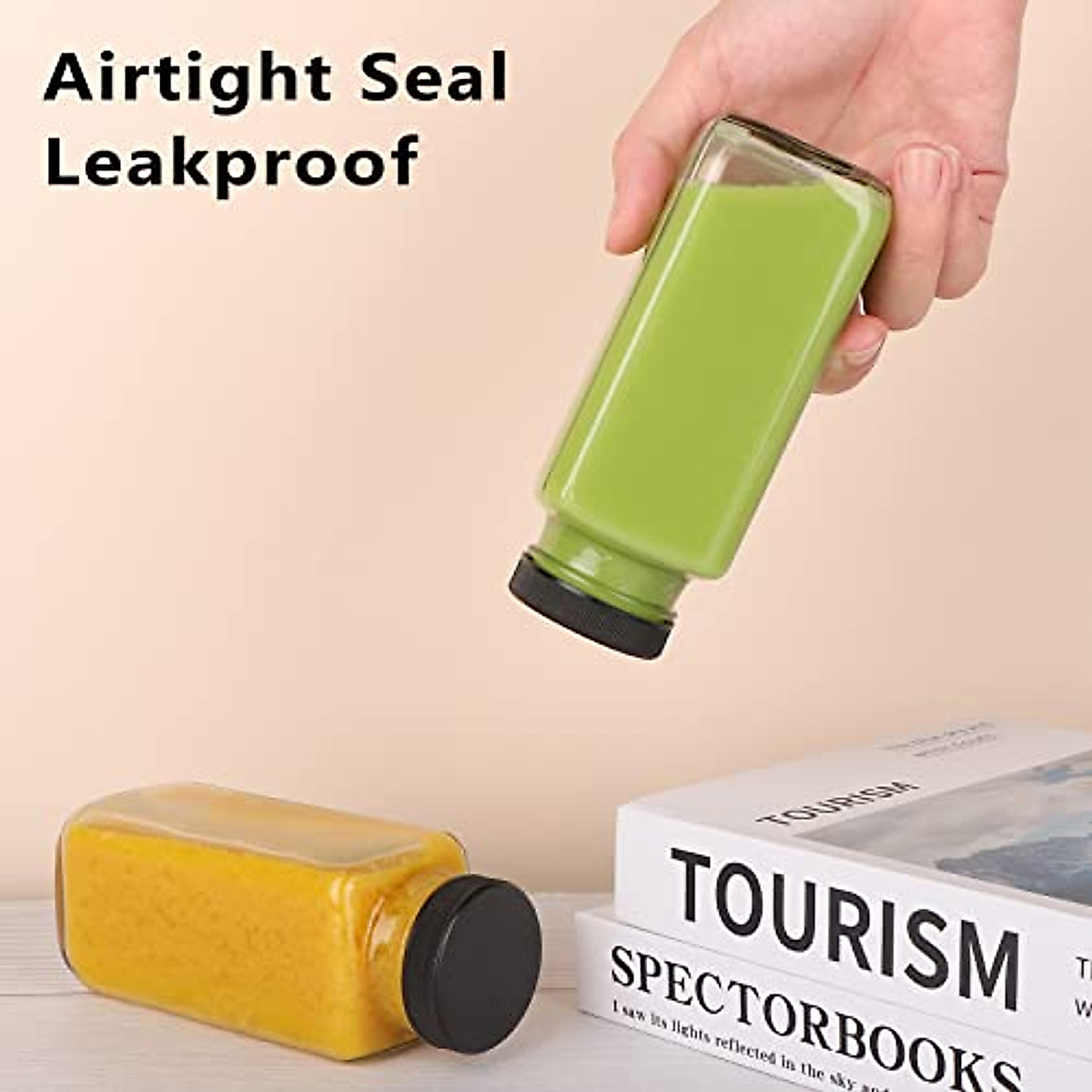 GUANENA 12 Pack Glass Drink Bottles, 8.5 OZ Vintage Square Water Bottles with Lids, Juice Bottles Beverages Containers for Milk, Kombucha, Smoothies