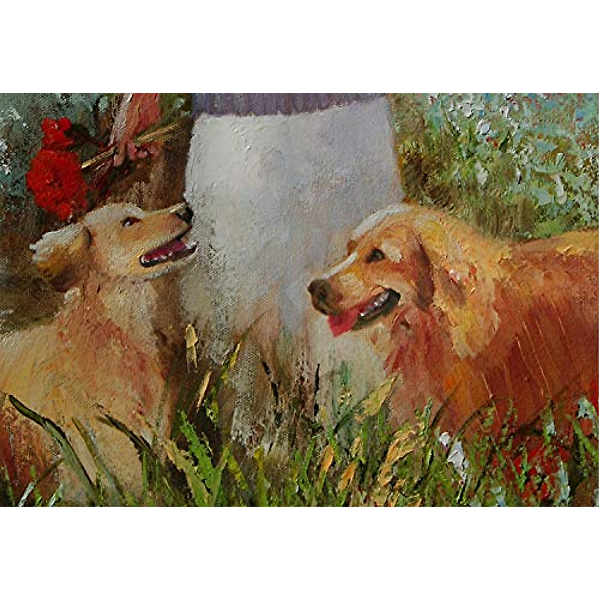 (SOLD) The Puppies and Poppies - female figure and Golden Retrievers by internationally renown painter Yary Dluhos