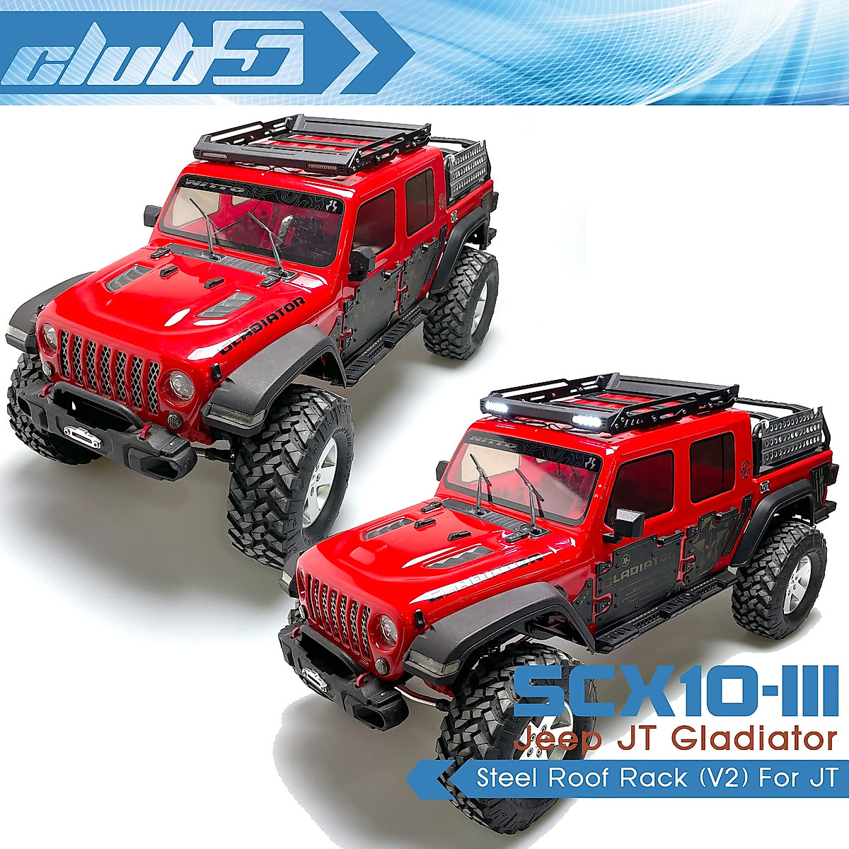 Club 5 Racing Scale Steel Roof Rack w/Dual LED Light Bars for Axial SCX10 III Jeep JT Gladiator