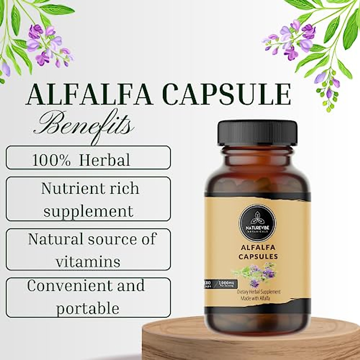 Naturevibe Botanicals Alfalfa Capsules Premium 180 Veg Capsules | 1000mg Per Serving | Nutritionally Abundant | Made with Pure Herb Alfalfa Powder