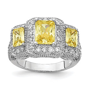 925 Sterling Silver Step Cut Radiant Cut Canary and White CZ Cubic Zirconia Simulated Diamond 3 stone Ring Size 7 Measures 13.25mm Wide Jewelry for Women