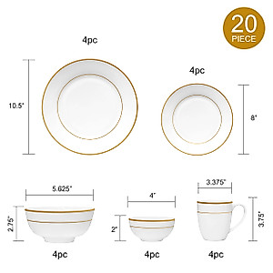 Bone China Dinnerware, 20PC Set, Service for 4, Double Gold Rim, White, Microwave Safe, Elegant Giftware, Dish set, Essential Home, Everyday Living, Display, decoration, Kitchen Dishes, Dinner set