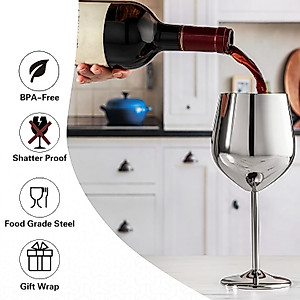WOTOR Stainless Steel Wine Glasses Set of 2, 18oz Unbreakable Metal Wine Glass, Silver Wine Goblets for Outdoor, Ideal Gift for Wine Lovers (Silver)