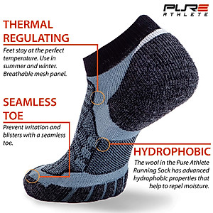 Pure Athlete Merino Wool Socks - Low Show Cushioned Athletic Padded Running Sock (3 Pairs - Black/Grey, Large)