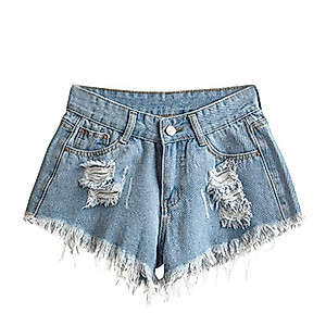 Fashion Slim Shorts,THENLIAN Womens Pocket Hole Jeans Denim Pants Female High Waist Slim Sexy Shorts(XXL, Blue)
