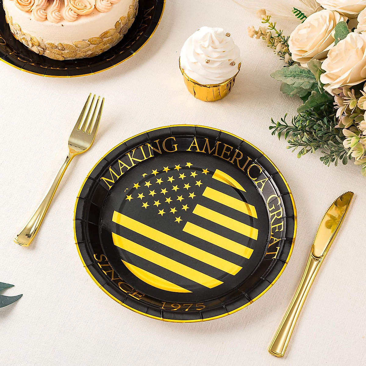 Crisky 50th Birthday Plates Black and Gold Dessert, Buffet, Cake, Lunch, Dinner Plates for 50th Birthday Decorations Party Supplies, Making Great Since 1975. 50 Count, 9" Plate