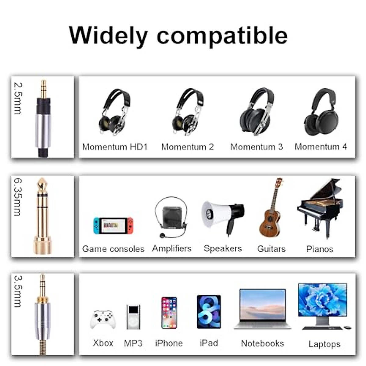 Momentum 2 Cable Compatible with Sennheiser Momentum, Momentum 4, Momentum 3, Momentum 2, HD1 On-Ear/Over-Ear Headphones 6.6ft Audio Cable with 6.35mm Adapter