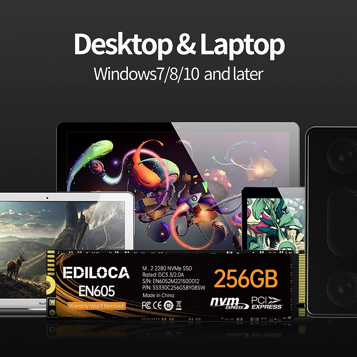 Ediloca EN605 256GB M.2 SSD, NVMe1.3 PCIe Gen3 x4 SSD Internal Hard Drive, M.2 2280 - Read/Write Speed up to 2150/1300 MB/s - Internal SSD Compatible with Laptop & PC Desktop