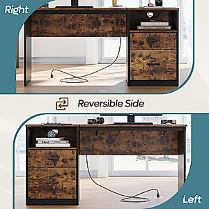 Bestier 60 inch Home Office Desk with Power Outlets, Computer Desk with Drawers, Reversible Desk with File Drawer, Adjustable Height Desk with Storage for Home Office, Brown