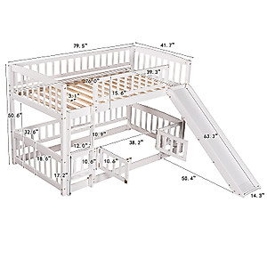 Harper & Bright Designs Low Bunk Bed with Slide Twin Over Twin Bunk Beds for Kids Toddlers, Wood Floor Beds Frame with Rails for Boys Girls Teens, White