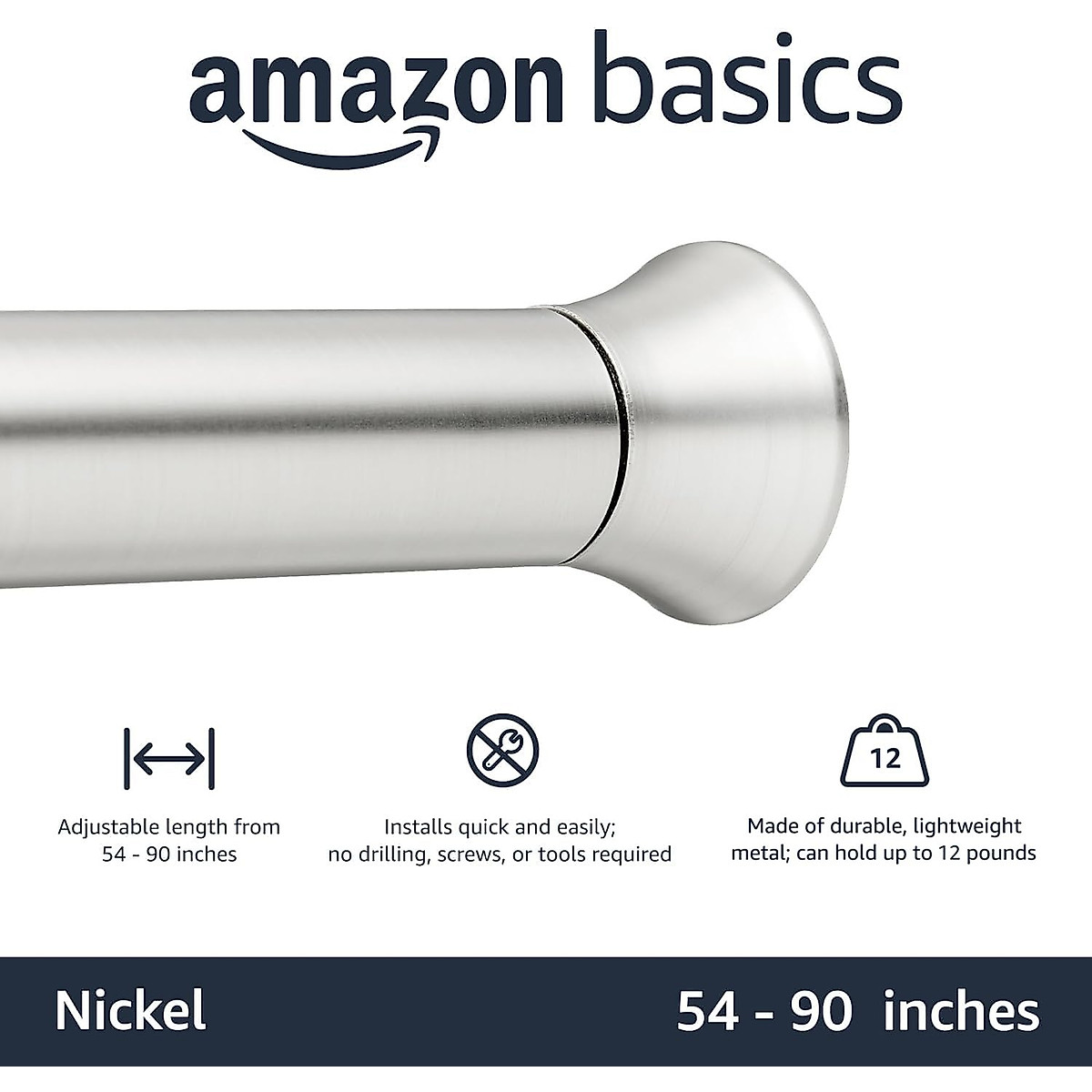 Amazon Basics Tension Curtain Rod, Adjustable 54-90" Width - Nickel, Classic Finial