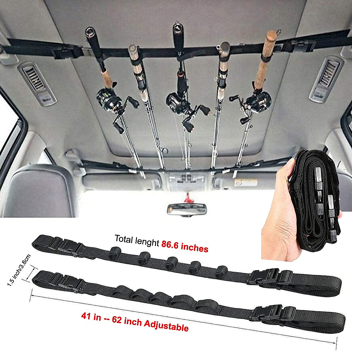 Car Fishing Rod Rack Holder Strap, 2Pcs Nylon Vehicle Fishing Rod Holder Belt 86.6 Inches Length Adjustable Polyester Strap Tackle Tools （2 PCS）
