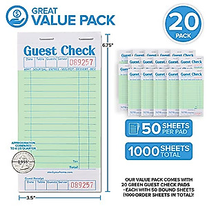 Stock Your Home Green Guest Check Books for Servers (20 Pack) Server Note Pads, Waiter Checkbook, Food Receipt Book, Restaurant Order Pad, Paper Checks, Waitress Accessories, 1000 Total Tickets