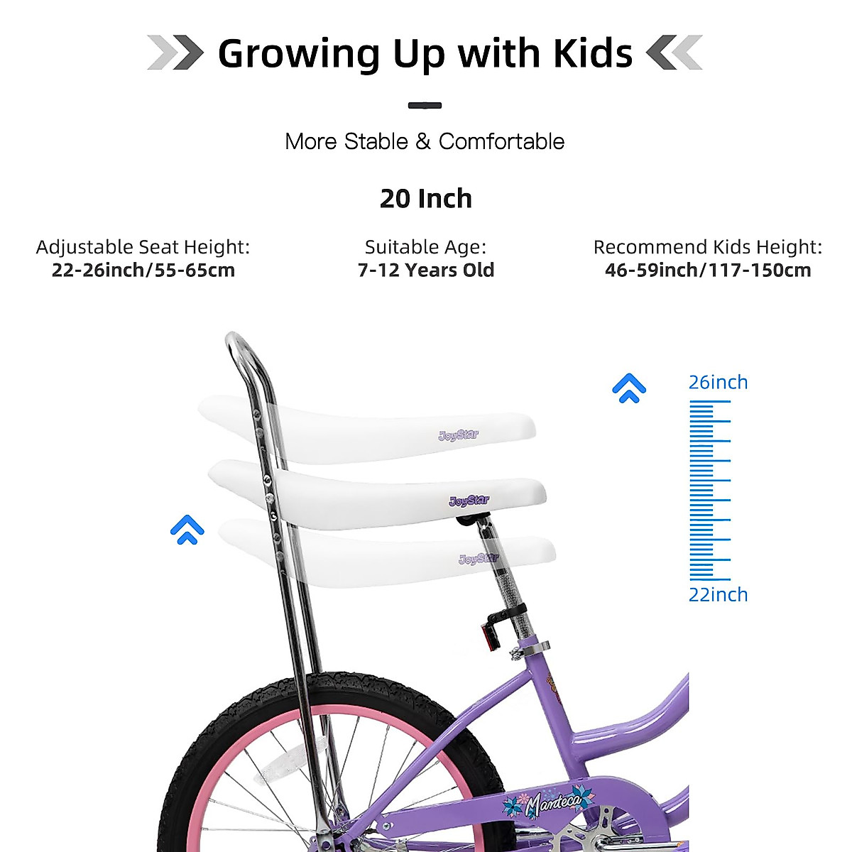 JOYSTAR 20 Inch Girls Bike with Training Wheels, Banana Seat Bike for Girls Ages 7-12 Years Old, Kids' Girls Bicycle with Front Handbrake and Coaster Brakes, Kickstand Included Purple