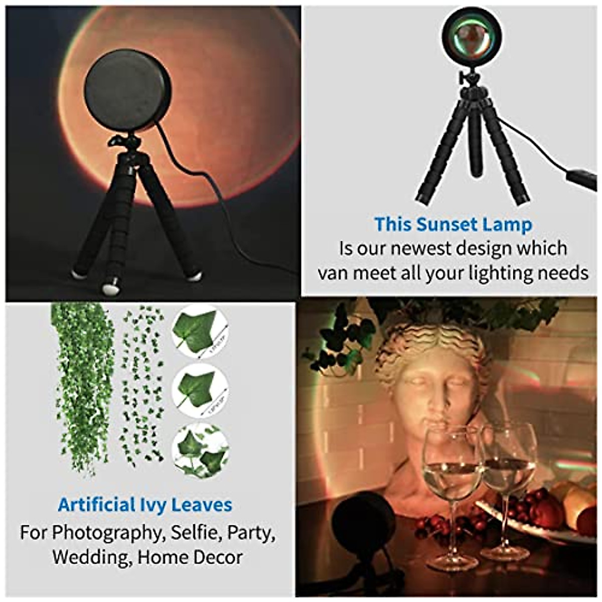 BUNDLE PACK: Sunset Lamp Projector 16 Colors RGB, 360 degree Rotation with 12pcs of Artificial Leaves for Photography/Selfie/Party/Wedding/Home
