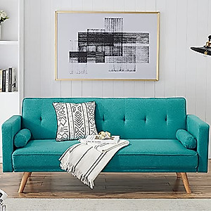 ERYE Turquoise 3-in-1 Upholstered Futon Loveseat Convertible Sleeper Bed,2-Seaters Sofa & Couch Soft Cushions Love Seat Daybed for Small Space Living Room Napping Linen w/2 Pillows, Twin